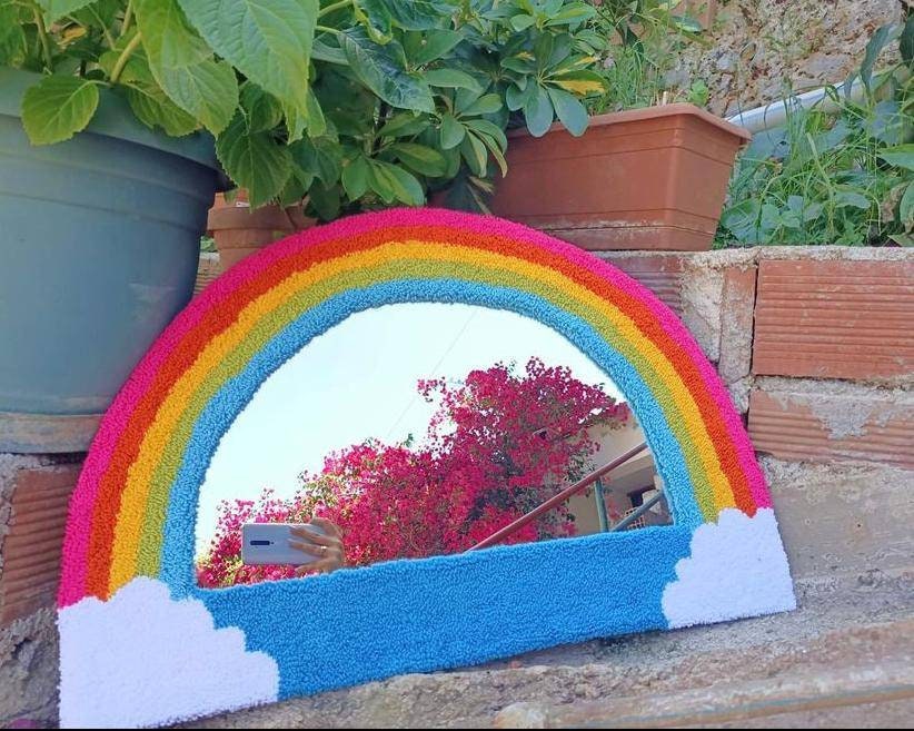 Large Rainbow Tufted Rug Mirror Wavy Punch Needle Mirror - Etsy