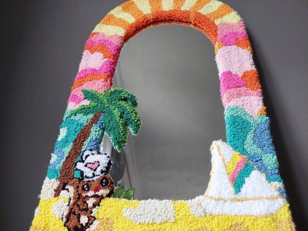 Arched Mirror, Multicolor Tufted Wall Mirror, Wavy Punch Needle Rug ...