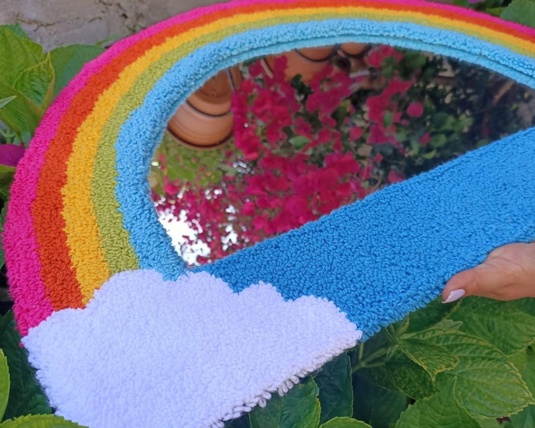 Large Rainbow Tufted Rug Mirror, Wavy Punch Needle Mirror, Danish ...