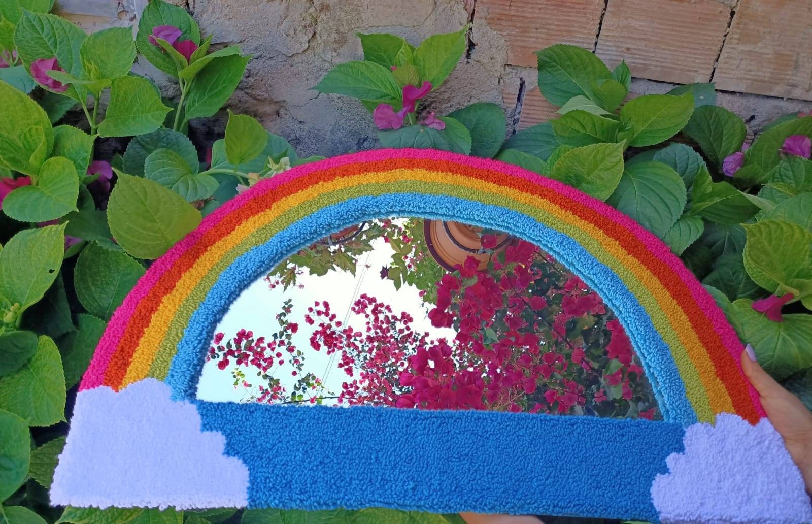 Large Rainbow Tufted Rug Mirror Wavy Punch Needle Mirror - Etsy