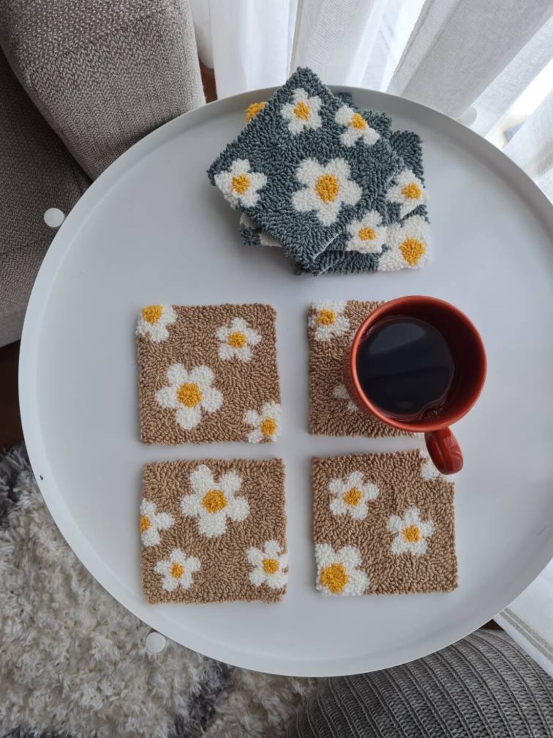 Punch Needle Coaster, Handmade Mug Rug, Drink Coasters, Floral Coaster ... Punch Needle Coaster, Handmade Mug Rug, Drink Coasters, Floral Coaster ...