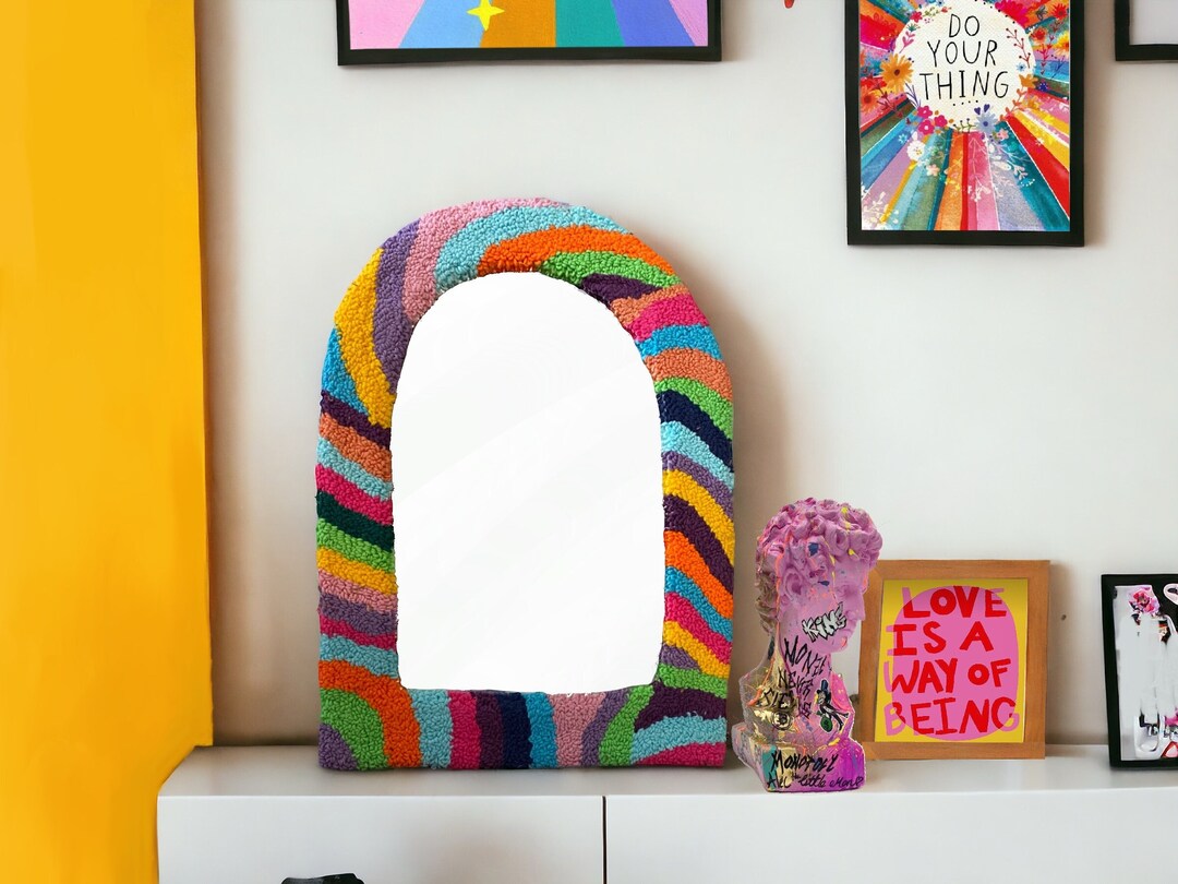 Multicolor Tufted Arch Mirror, Wavy Punch Needle Rug Mirror, Vibrant ...