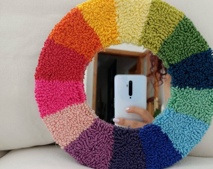 Tufted Rug Mirror, Wavy Punch Needle Mirror, Danish Pastel Decoration ...