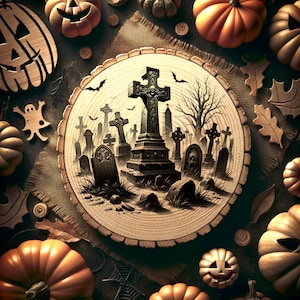 Haunted Graveyard Laser Engraving File, Halloween Wood Coaster (digital ...