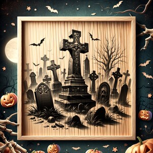 Haunted Graveyard Laser Engraving File, Halloween Wood Coaster (digital ...