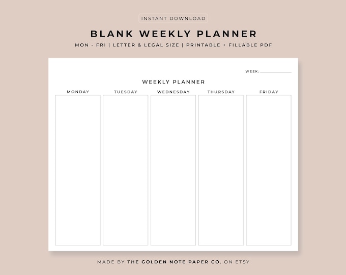 Monday Start 7 Day Blank Weekly Calendar Printable - Etsy