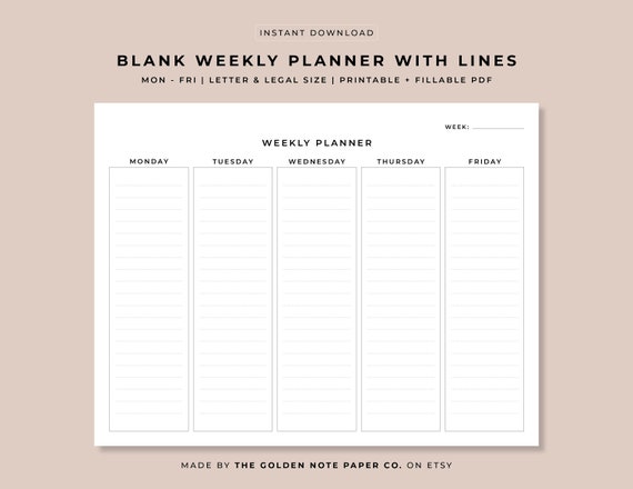 Blank Minimalistic Weekly With Lines Planner Printable - Etsy
