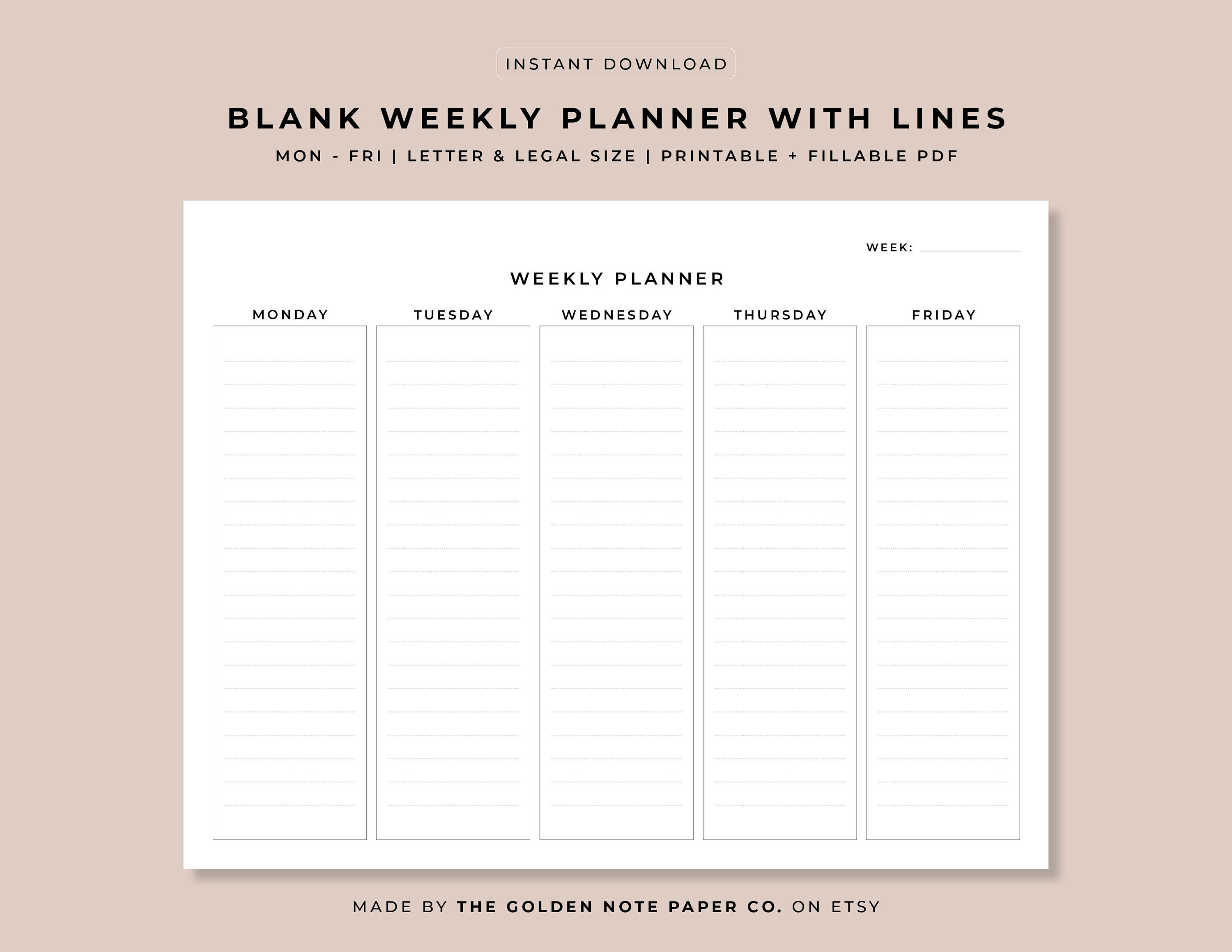 Blank Minimalistic Weekly With Lines Planner, Printable Landscape ...