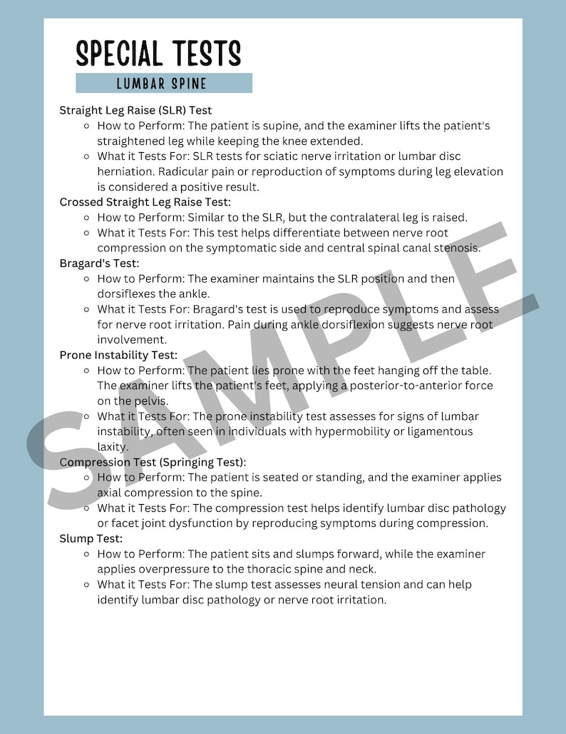 Physical Therapy Special Tests Study Pack PT Cheat Sheet - Etsy