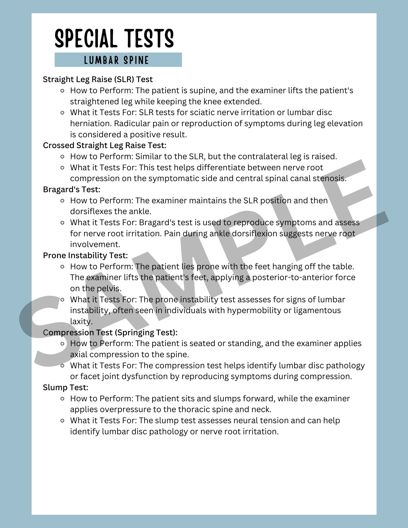Physical Therapy Special Tests Study Pack PT Cheat Sheet - Etsy