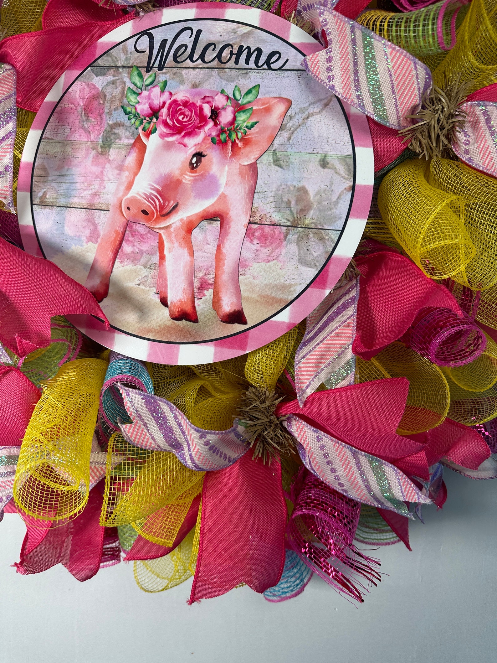 Piggy Sign on Pastel Wreath, Yellow, Pink and Blue Quality Ribbons ...