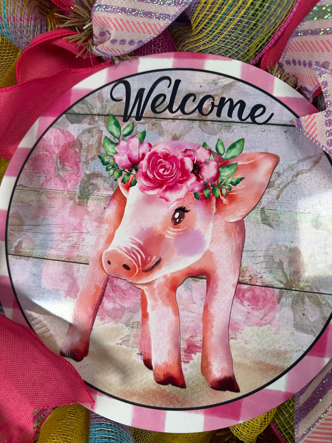 Piggy Sign on Pastel Wreath, Yellow, Pink and Blue Quality Ribbons ...