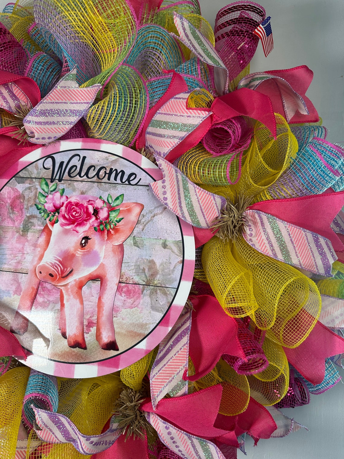 Piggy Sign on Pastel Wreath, Yellow, Pink and Blue Quality Ribbons ...
