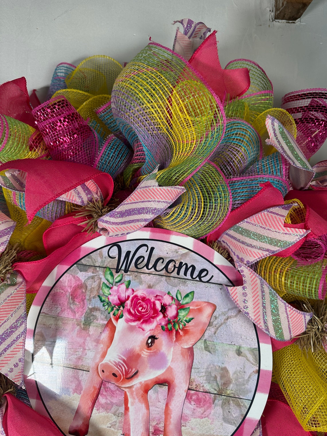 Piggy Sign on Pastel Wreath, Yellow, Pink and Blue Quality Ribbons ...
