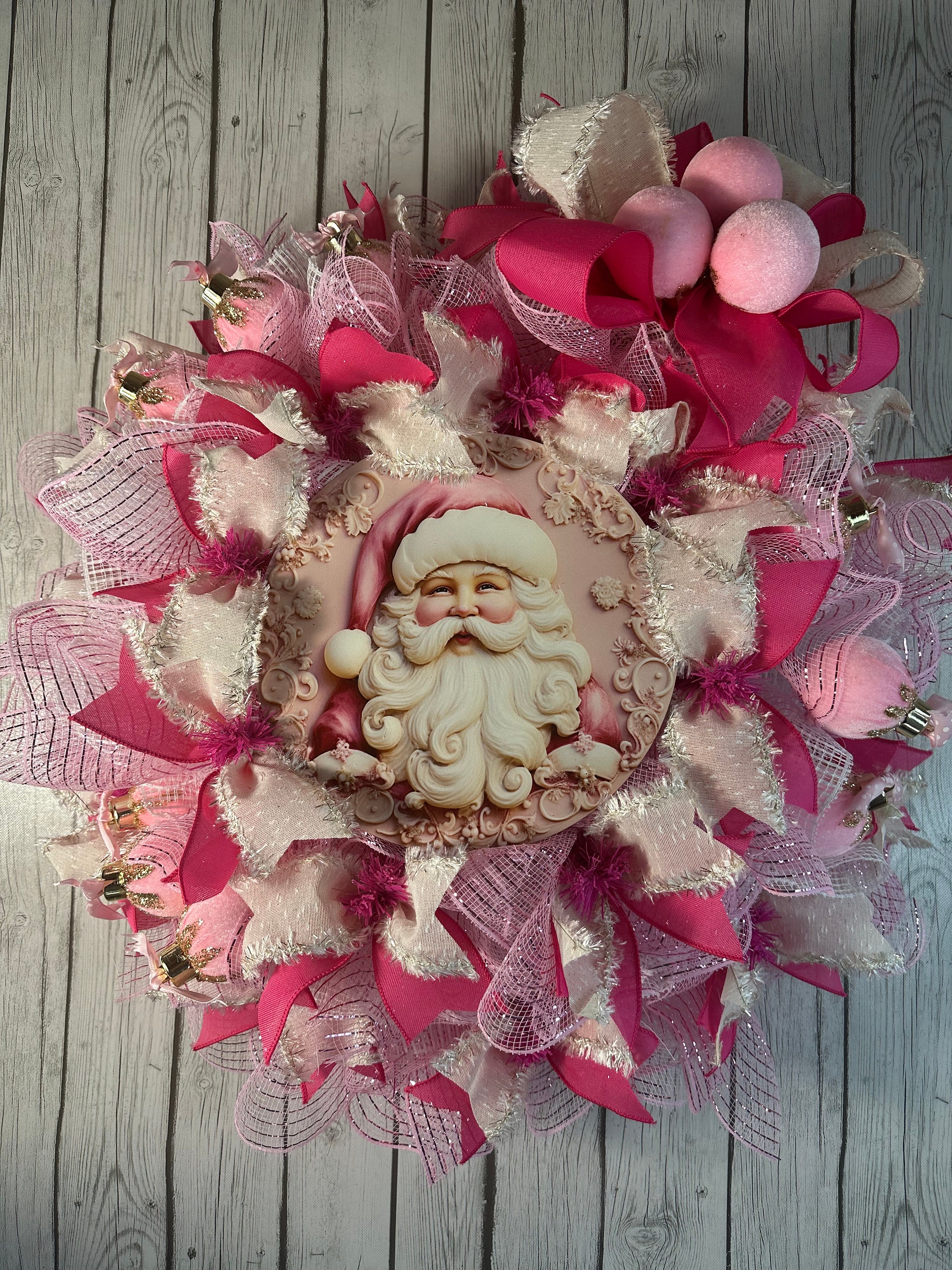 Pink Santa Christmas Holiday Wreath, Happy Pink Holiday Wreath, Pink ...