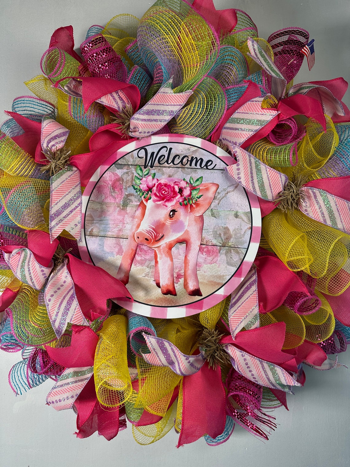 Piggy Sign on Pastel Wreath, Yellow, Pink and Blue Quality Ribbons ...