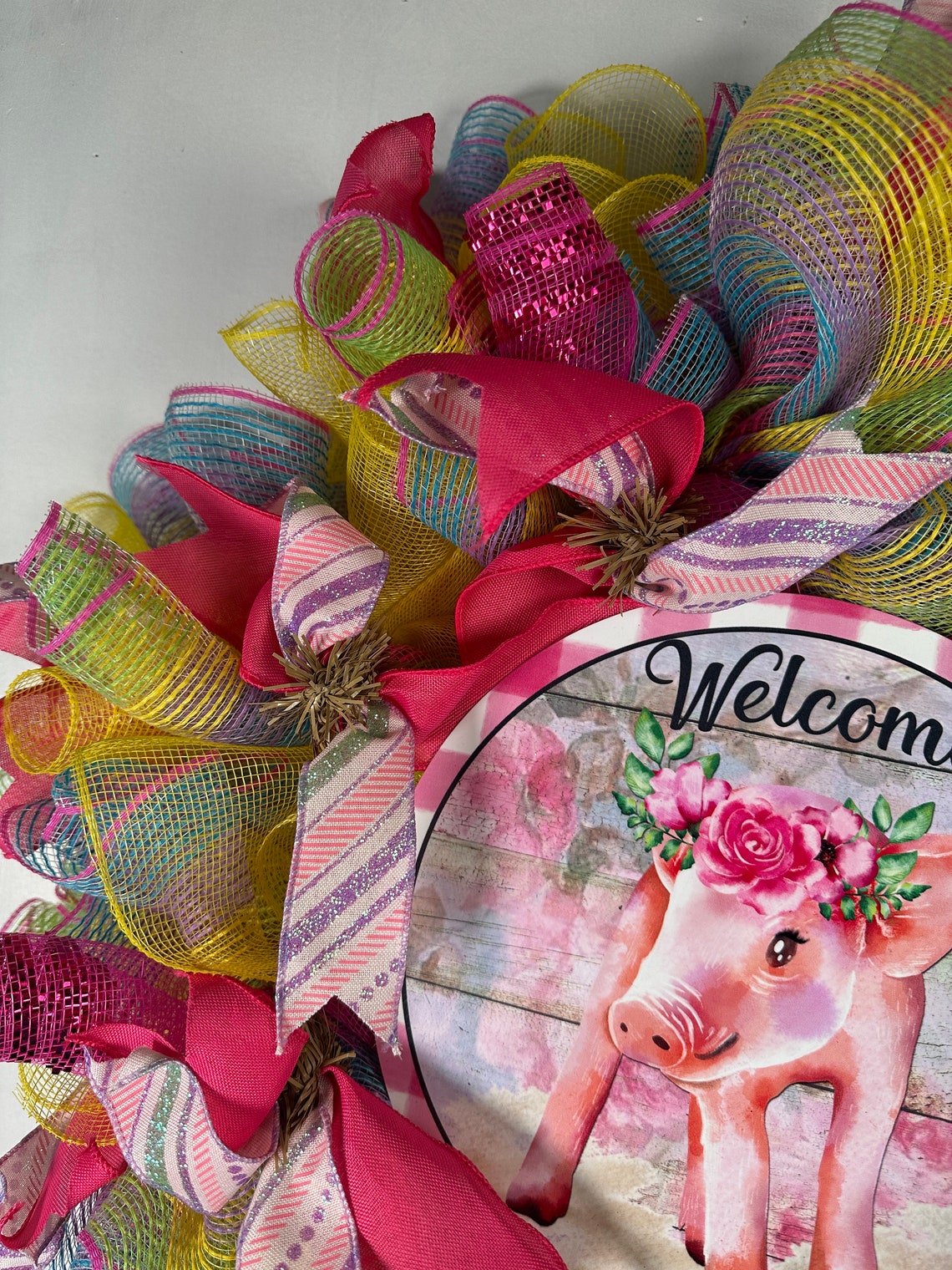 Piggy Sign on Pastel Wreath, Yellow, Pink and Blue Quality Ribbons ...