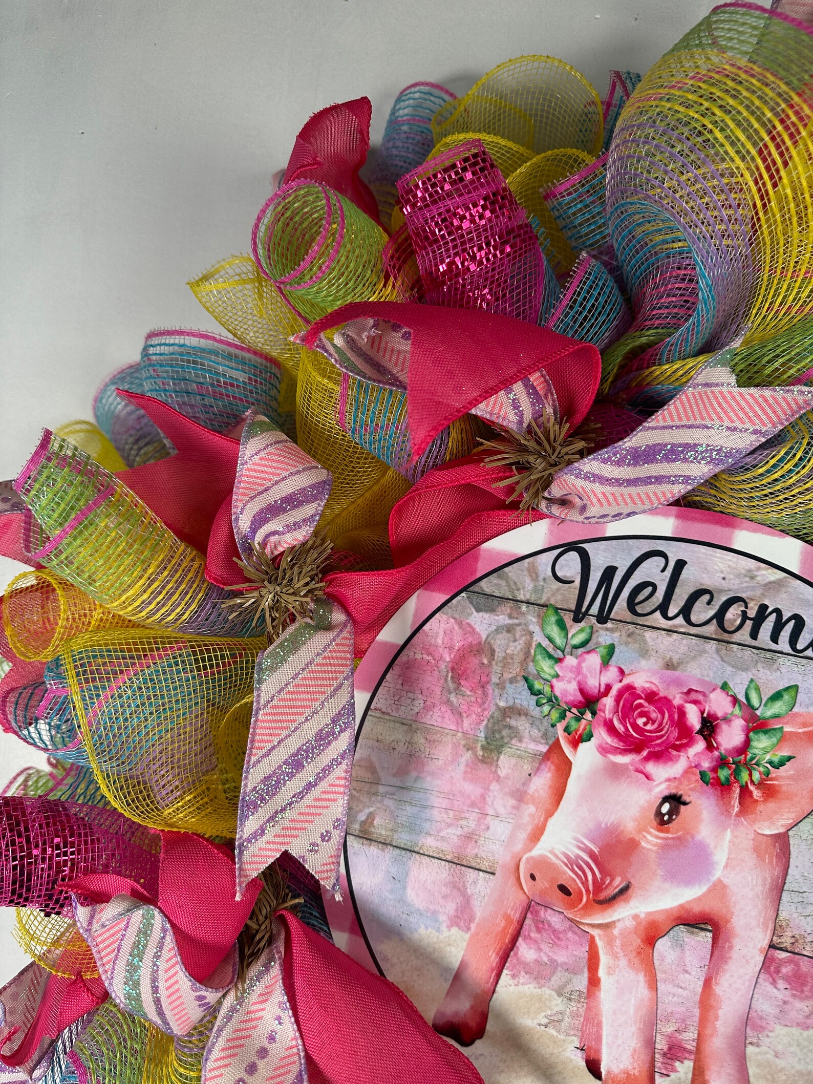 Piggy Sign on Pastel Wreath, Yellow, Pink and Blue Quality Ribbons ...