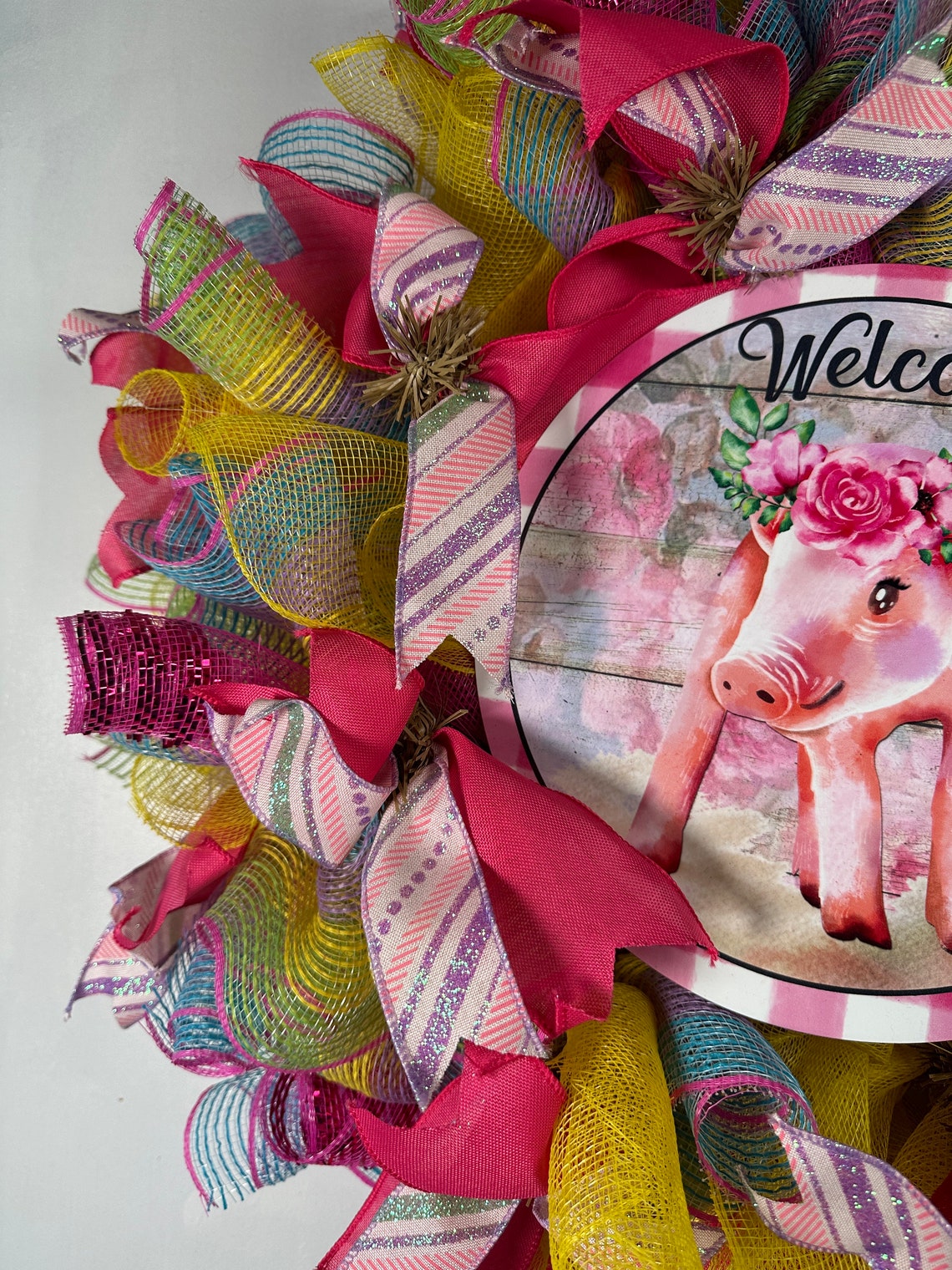 Piggy Sign on Pastel Wreath, Yellow, Pink and Blue Quality Ribbons ...