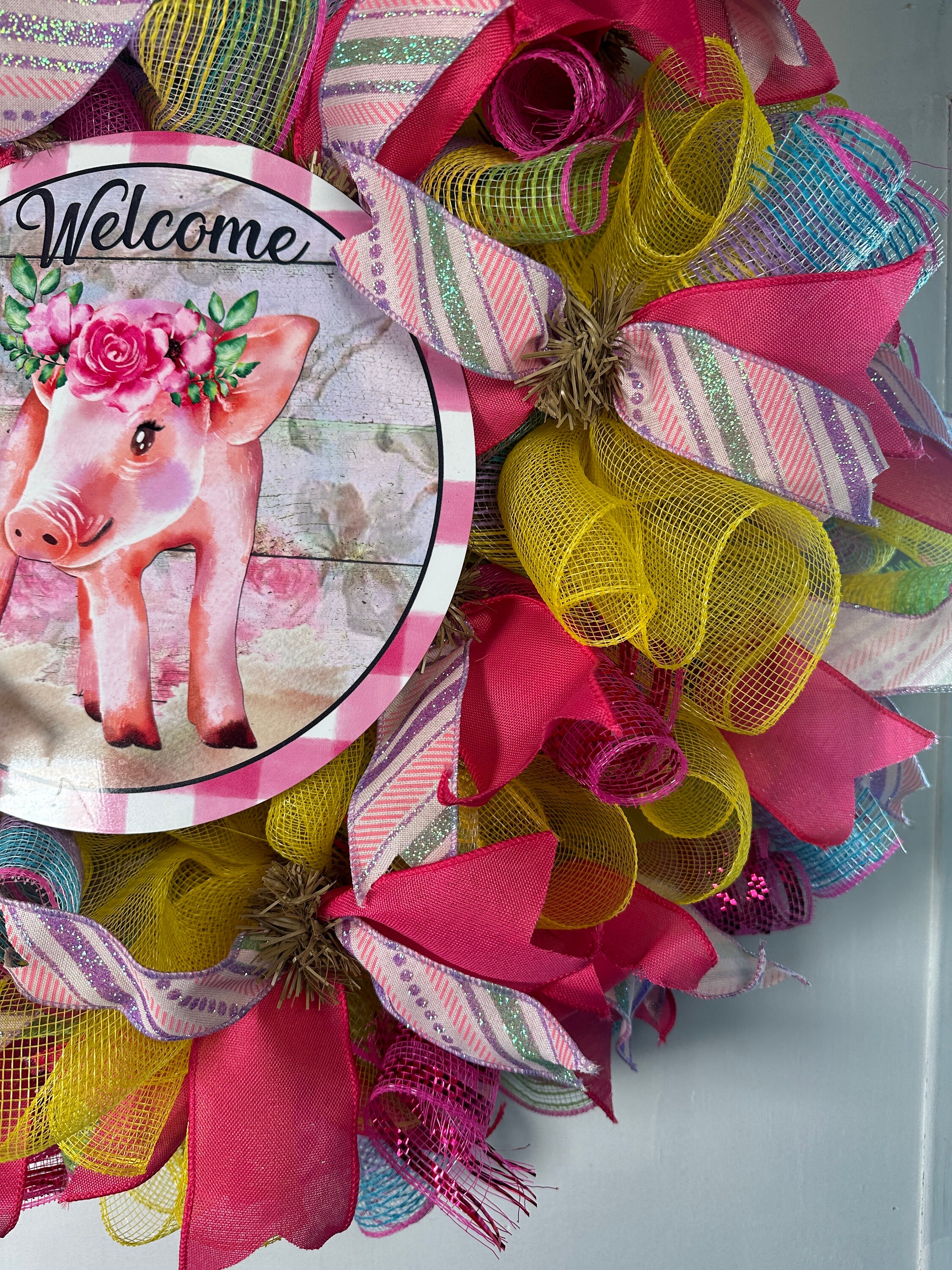 Piggy Sign on Pastel Wreath, Yellow, Pink and Blue Quality Ribbons ...