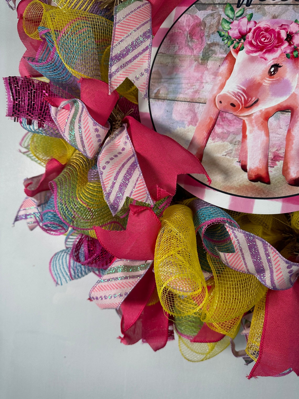 Piggy Sign on Pastel Wreath, Yellow, Pink and Blue Quality Ribbons ...