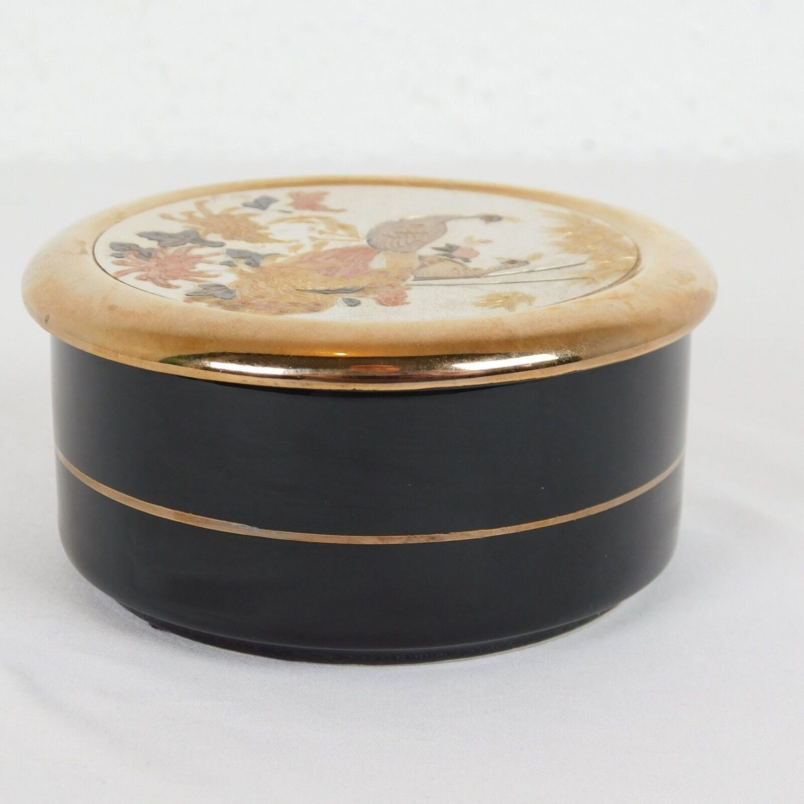 Art of Chokin Vintage Trinket Box With Lid Black Peacocks Bird 24k Gold ...