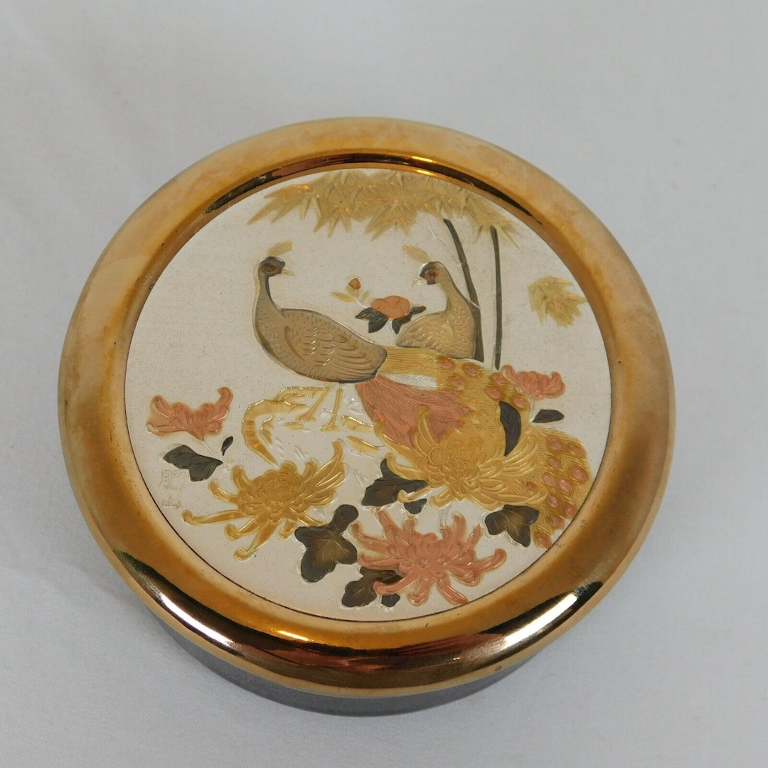 Art of Chokin Vintage Trinket Box With Lid Black Peacocks Bird 24k Gold ...