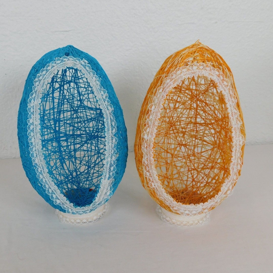 2 Easter Diorama Egg Large Handmade String Crafts Lace Blue Orange 8 ...