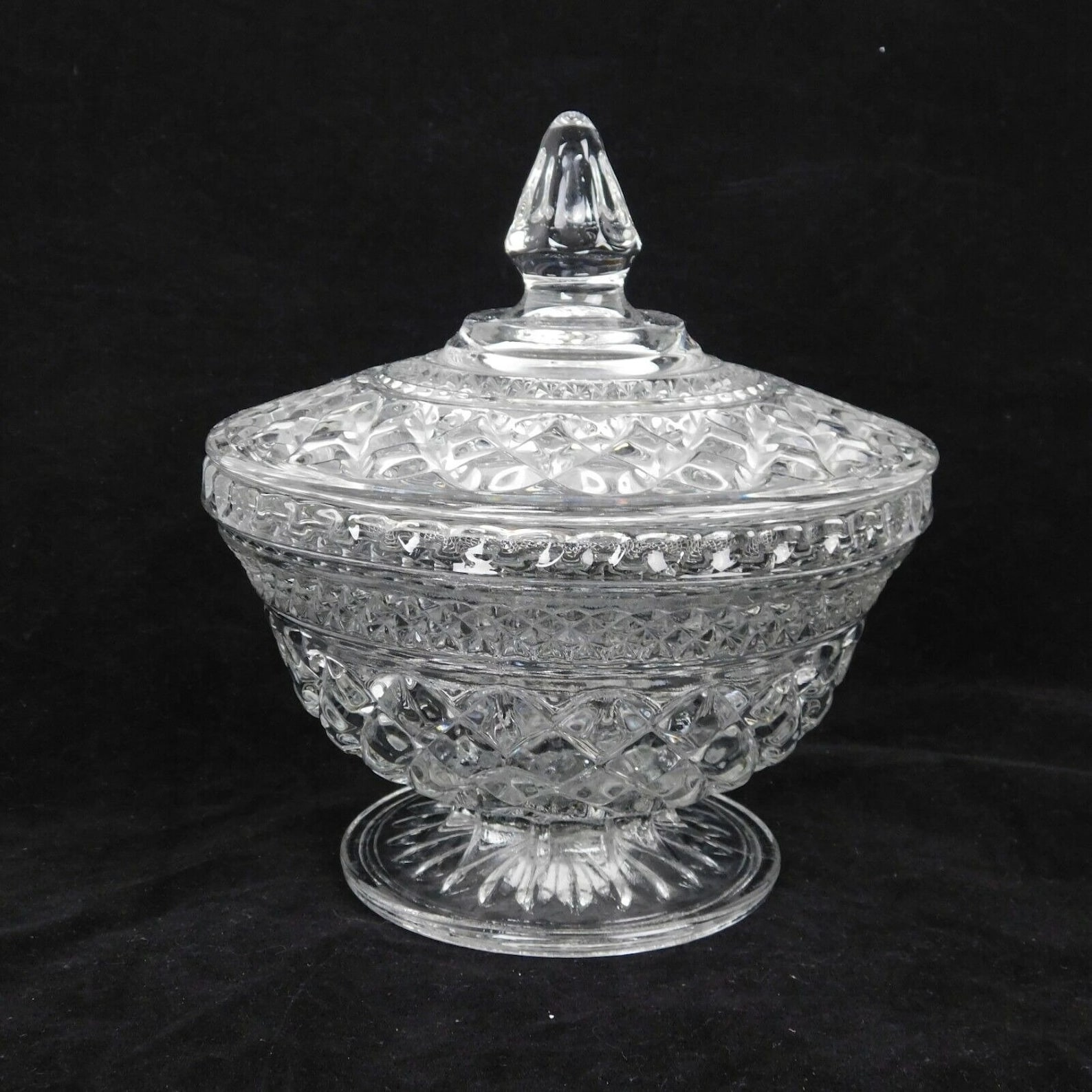 Anchor Hocking Wexford Cut Glass Footed Candy Dish Lid Panel Finial 6.6 ...