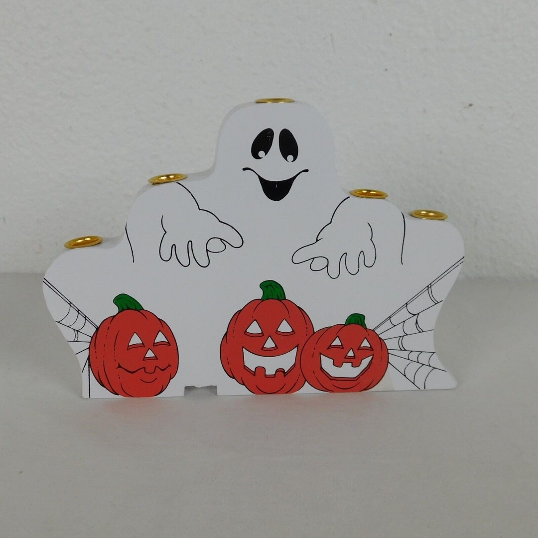 Halloween Ghost Pumpkin Wood 5 Candle Holder Candelabra Current Vintage ...