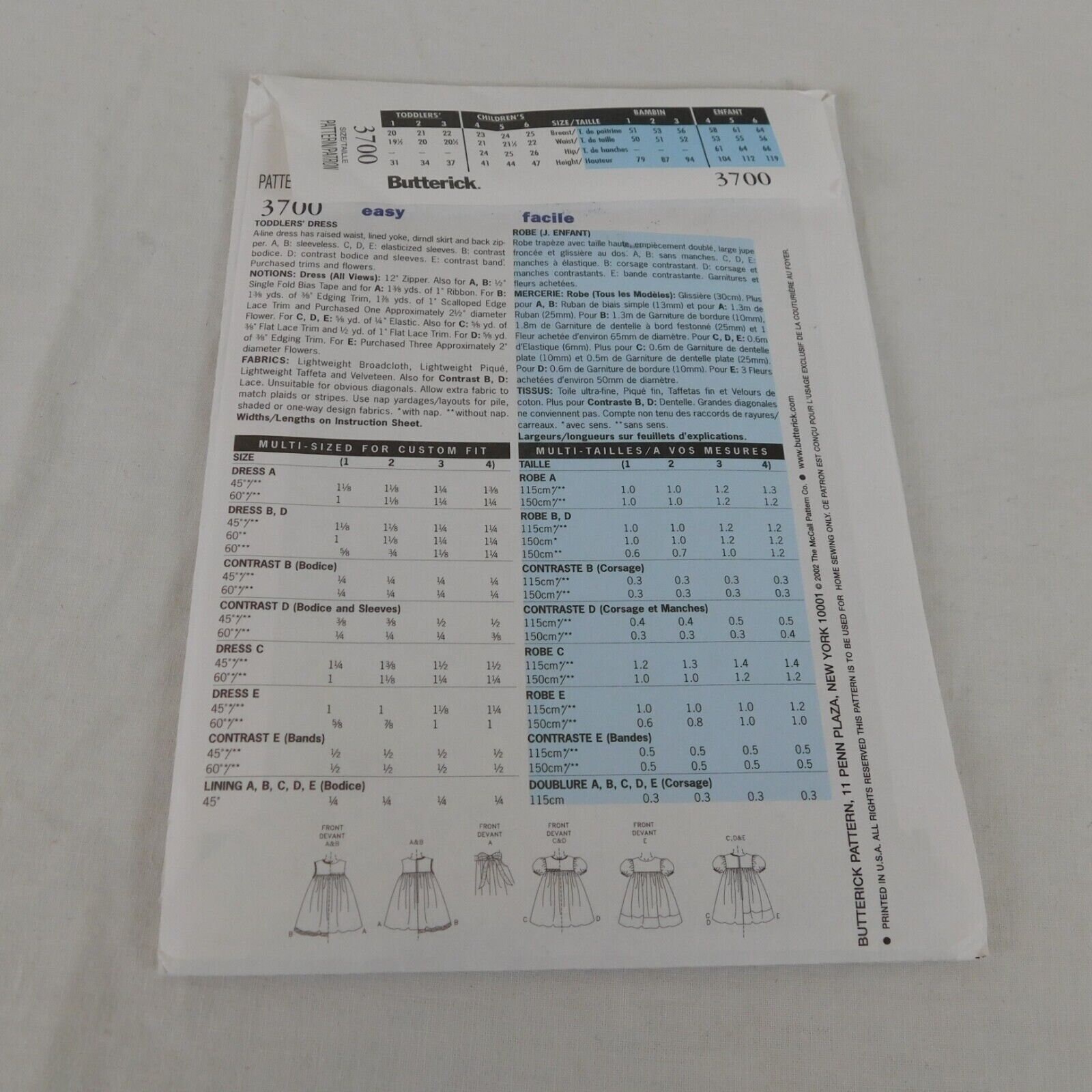 Butterick 3700 Sewing Pattern Girls Toddler Party Dress Six Sew Easy UC ...