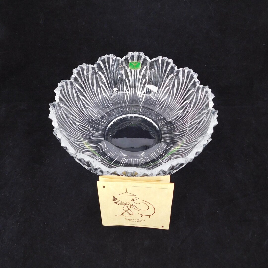 Kusak Cut German Crystal Glass Works Bowl 8" Wide Scalloped Edge Leaf ...