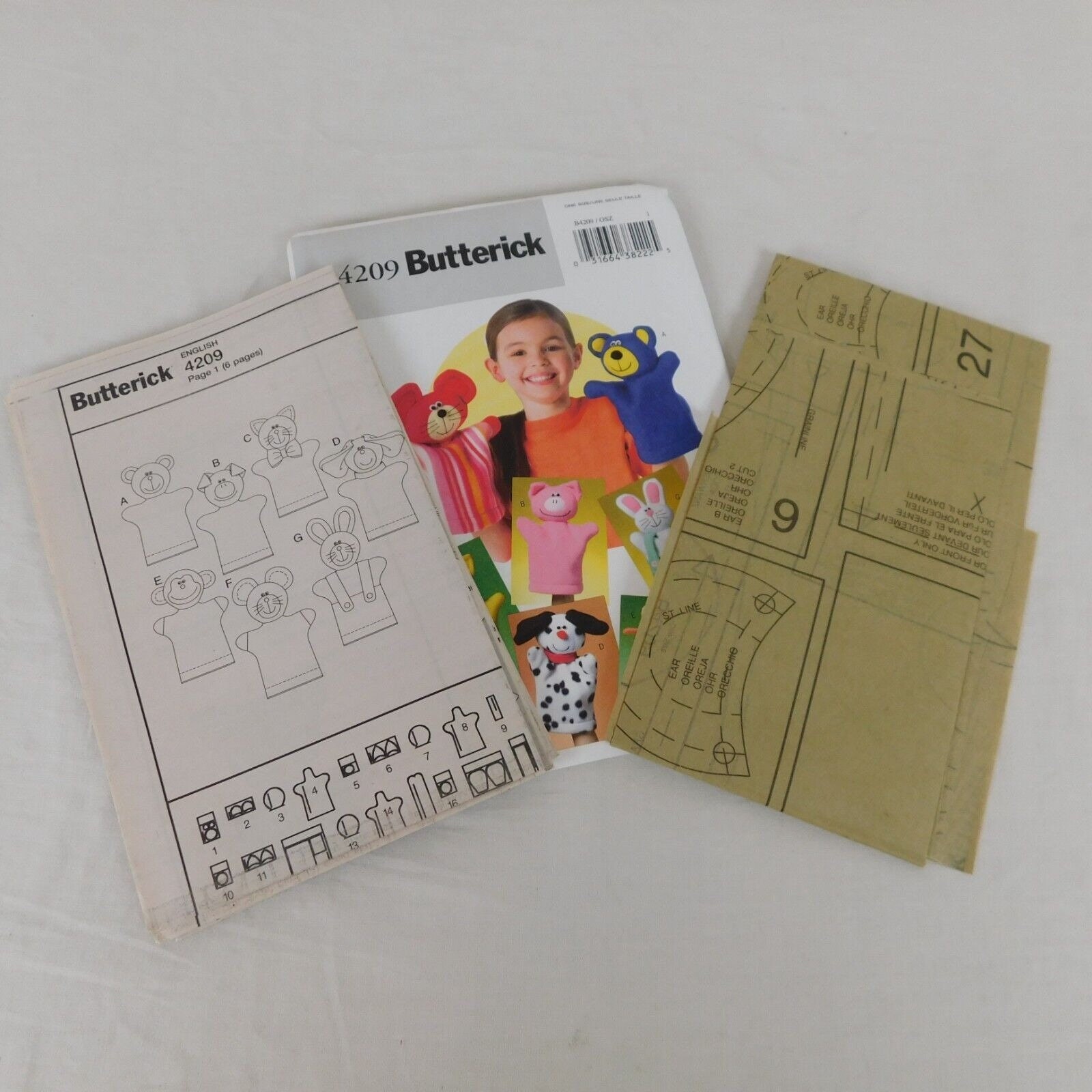 Butterick B4209 Sewing Pattern Hand Puppets Soft Stuff Bear Pig Cat Dog ...