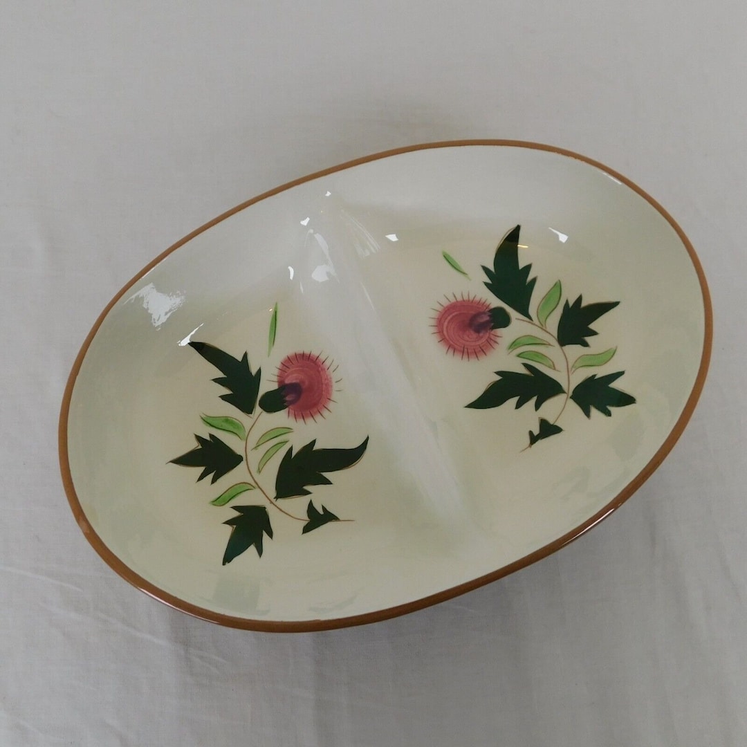 Stangl Pottery Thistle 10" Oval Divided Vegetable Bowl Pink Green ...