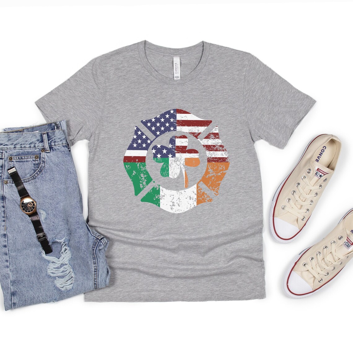 Irish American Flag Tee, Irish Firefighter Shamrock Tee, Patriotic ...