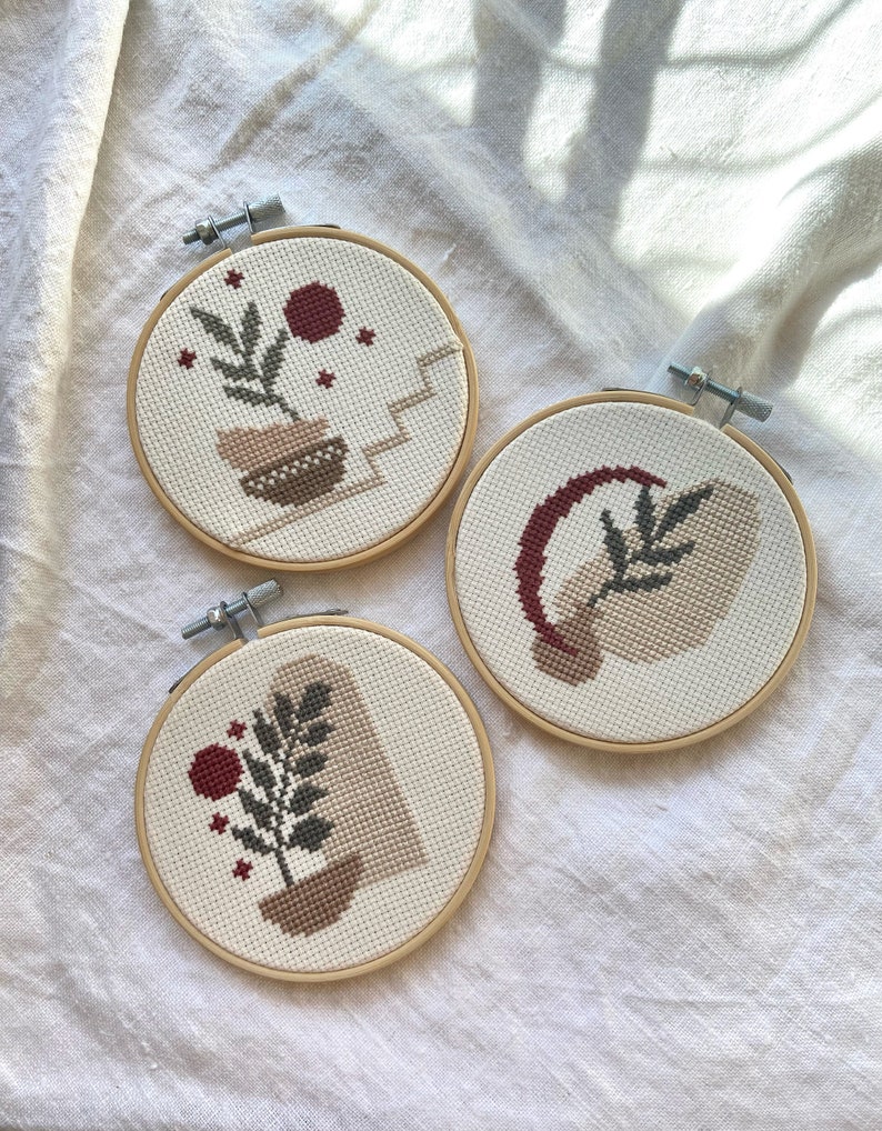 Set of 3 Boho Cross Stitch Pattern, Instant Download PDF, Boho Plant ...