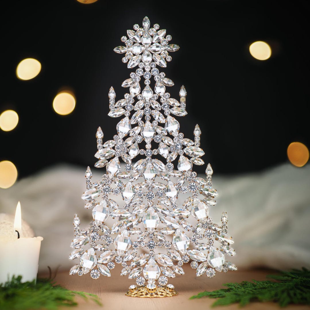 An Intricate Table Top Xmas Tree, Handcrafted With Clear Coloured Czech ...
