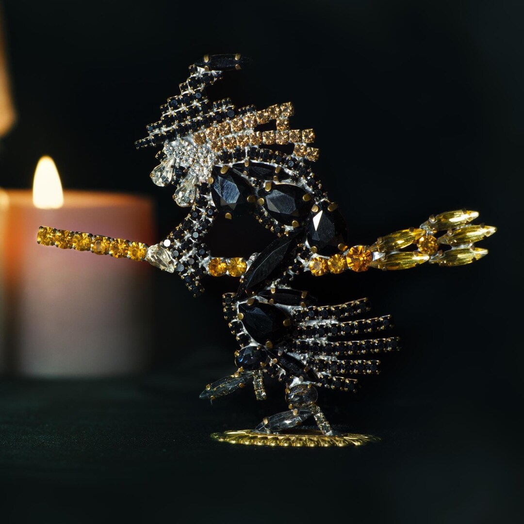 Handcrafted Rhinestone Witch on Golden Broom: Halloween Decor - Etsy