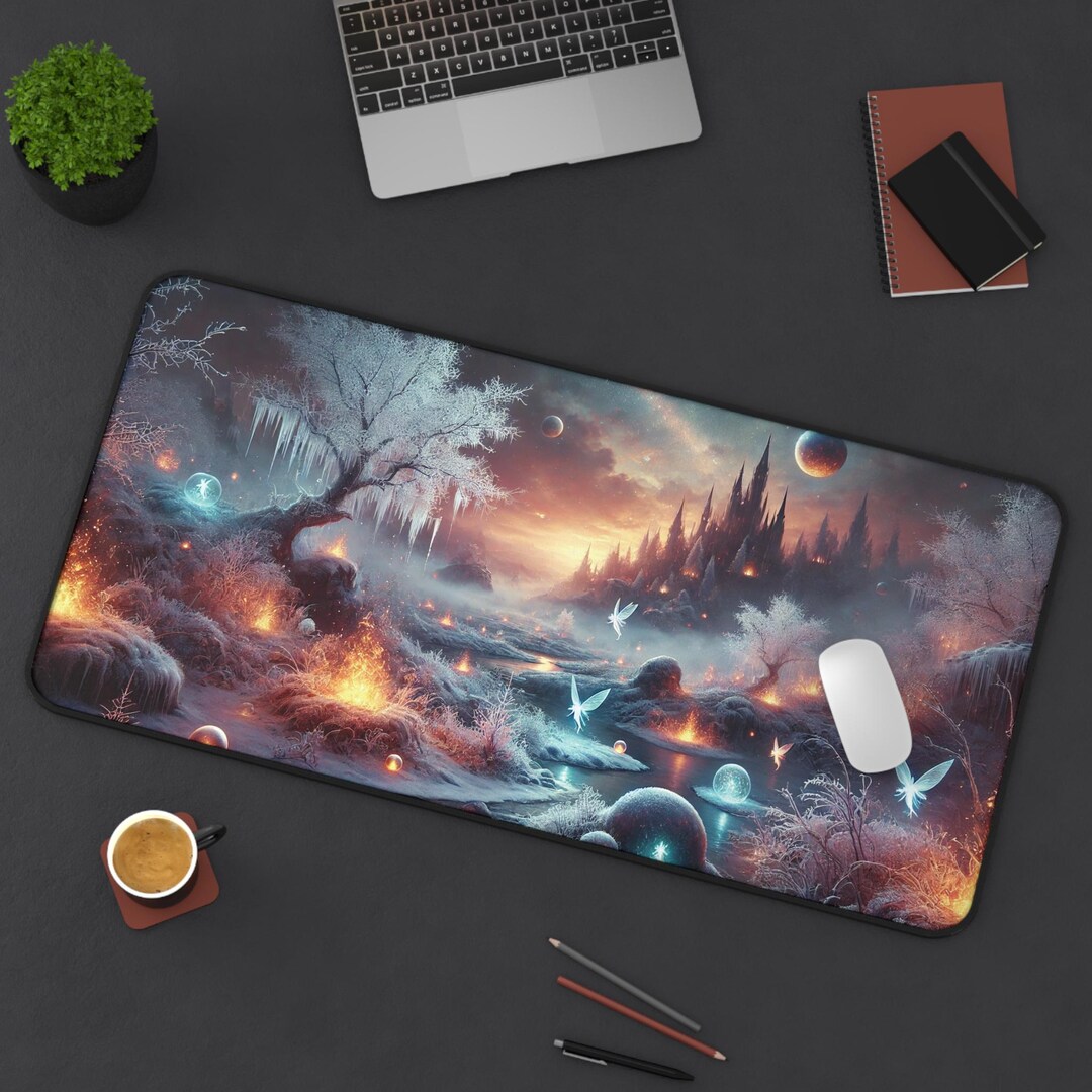 Mystical Desk Mat, Snowy Scene Fairy Castle Fantasy Office Decor, Mouse ...