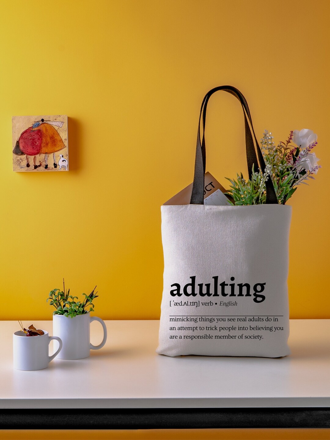 Adulting Dictionary Definition Tote Bag - Funny Reusable Grocery and Market Bag, Funny Humor ...