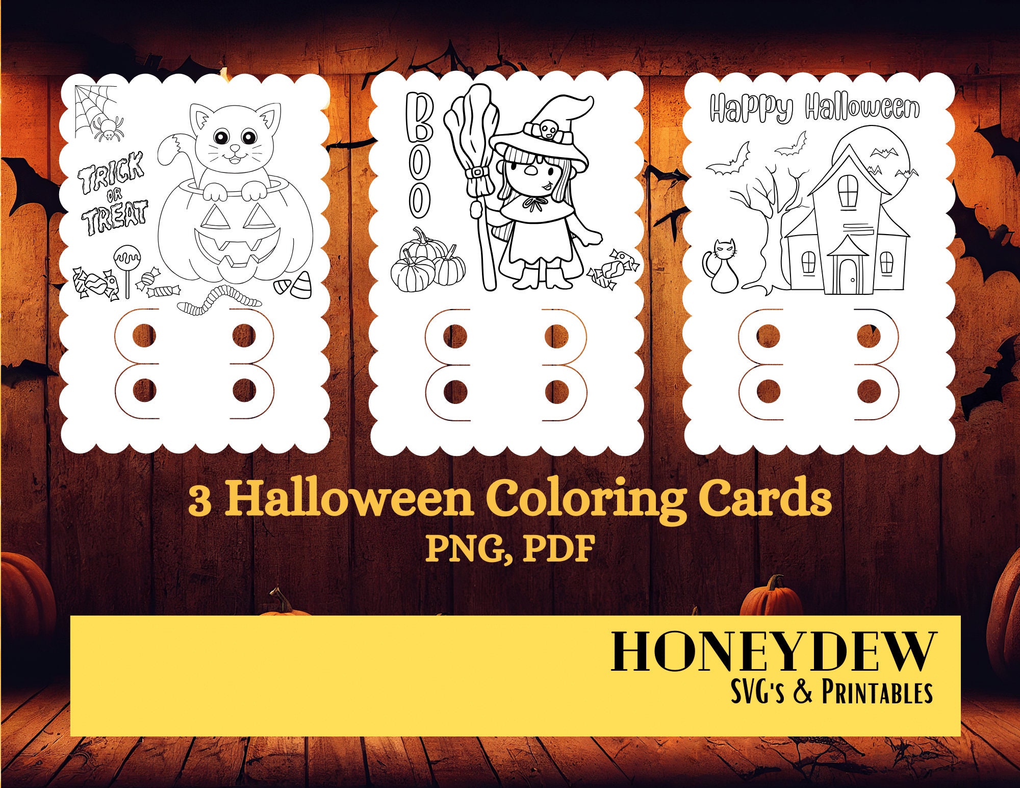 Set of 3 Halloween Coloring Cards for Kids With Crayon Holder PNG, PDF ...
