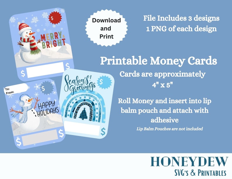 Printable Christmas Money Card Template Bundle, Holiday Snowman ...