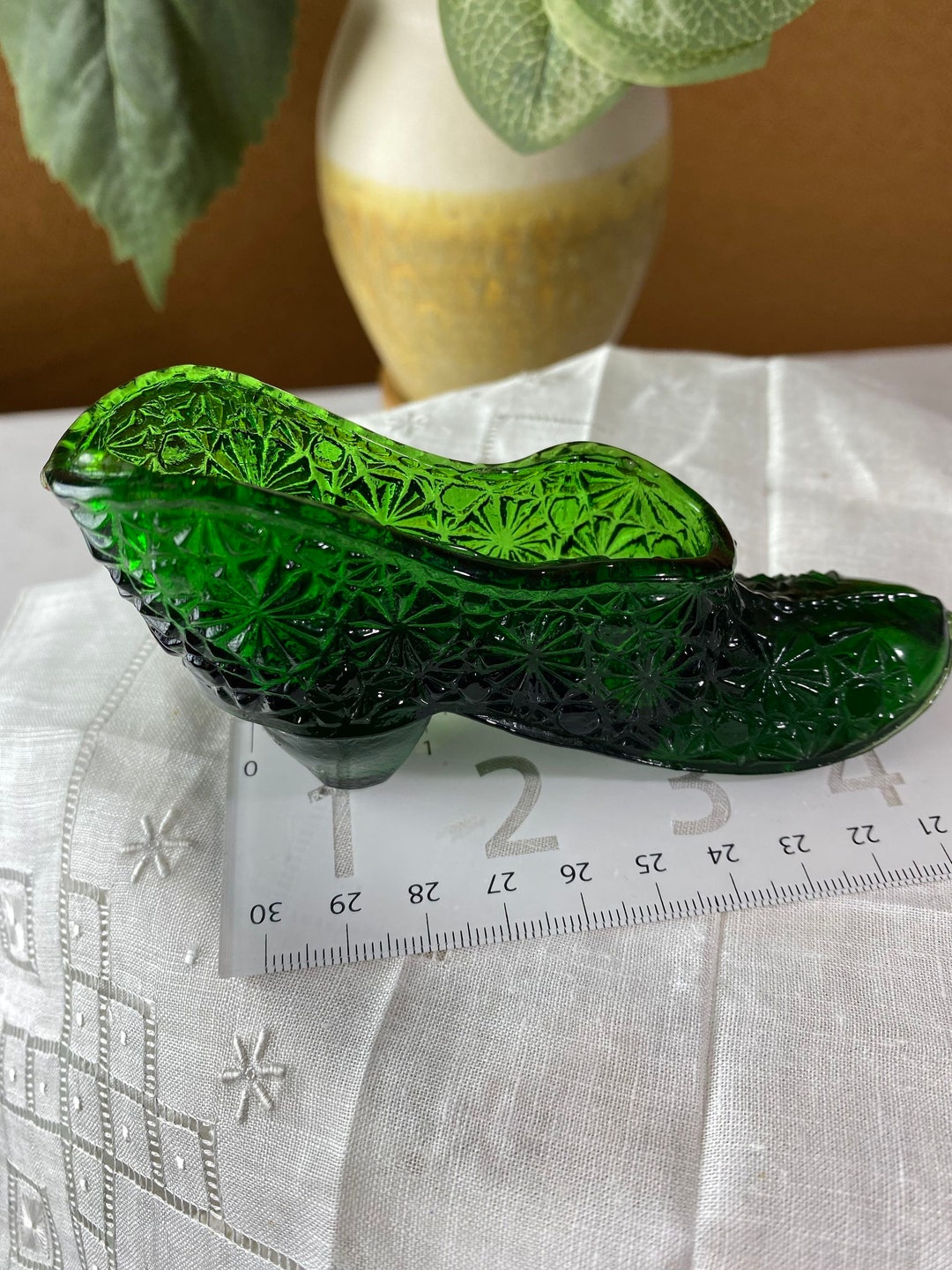Daisy and Button Small Green Glass Shoe Made for Enesco Imports, 1970s ...