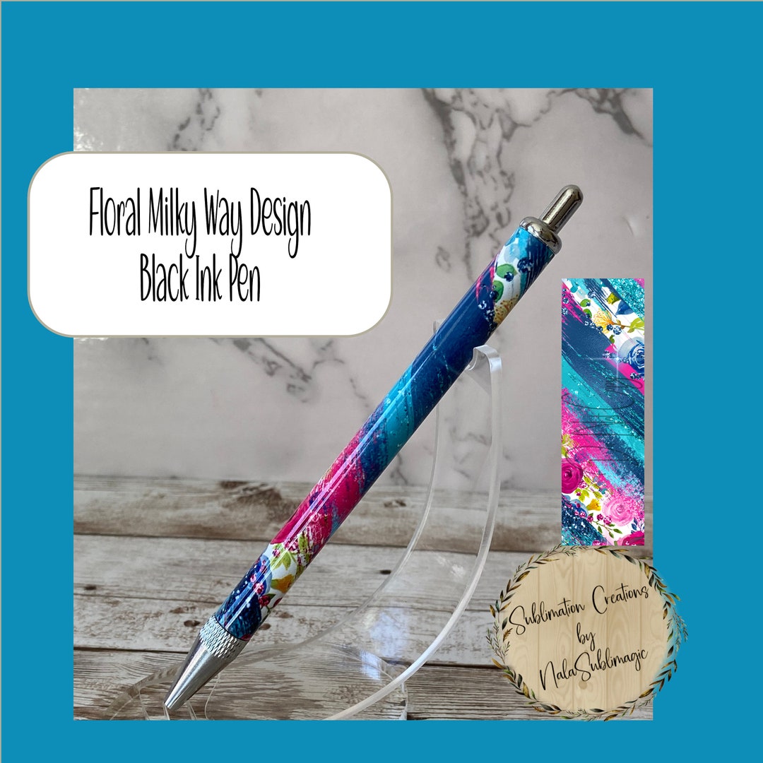 Floral Milky Way Design With Teal, Blue, and Pink Handmade Black Ink ...