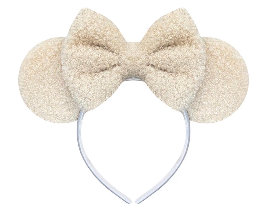 Cream Sherpa Minnie Mouse Ears Headband - Fuzzy Plush Bow Cozy Teddy ...