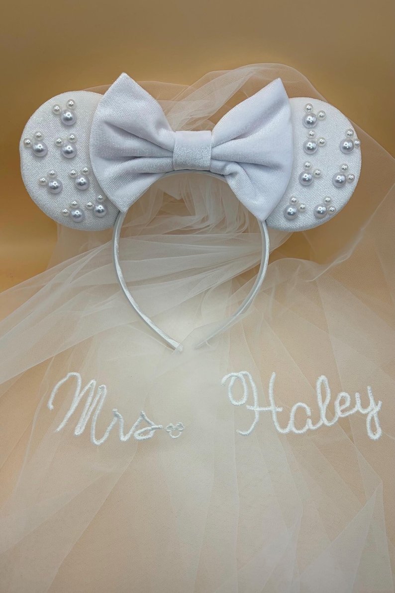 Personalized Bridal Mickey Mouse Ears With Veil | Custom Bride Ears ...