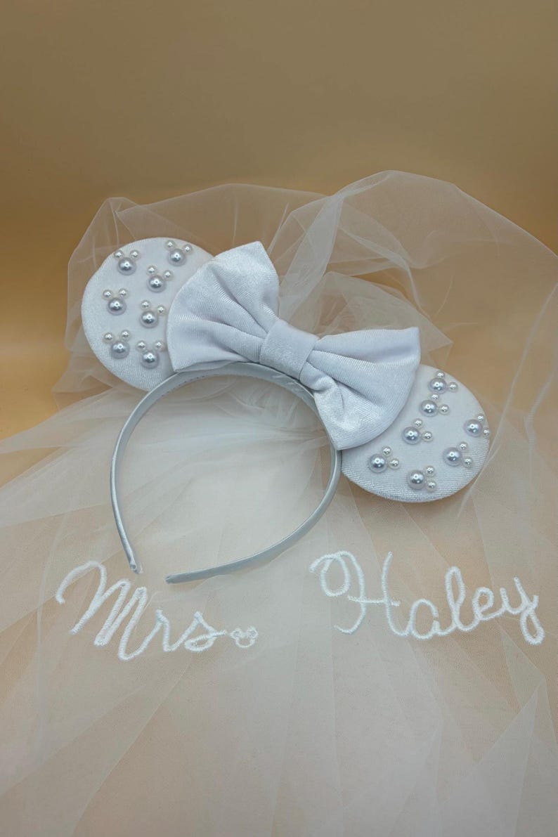 Personalized Bridal Mickey Mouse Ears With Veil | Custom Bride Ears ...