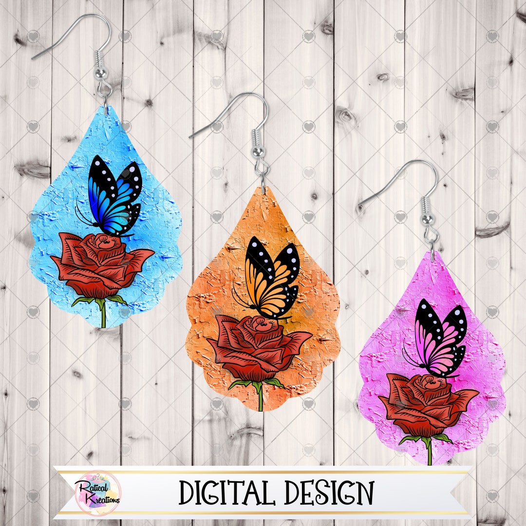 MDF - Fancy Drop, Rose and Butterfly, Pink, Blue, Orange, Earrings ...