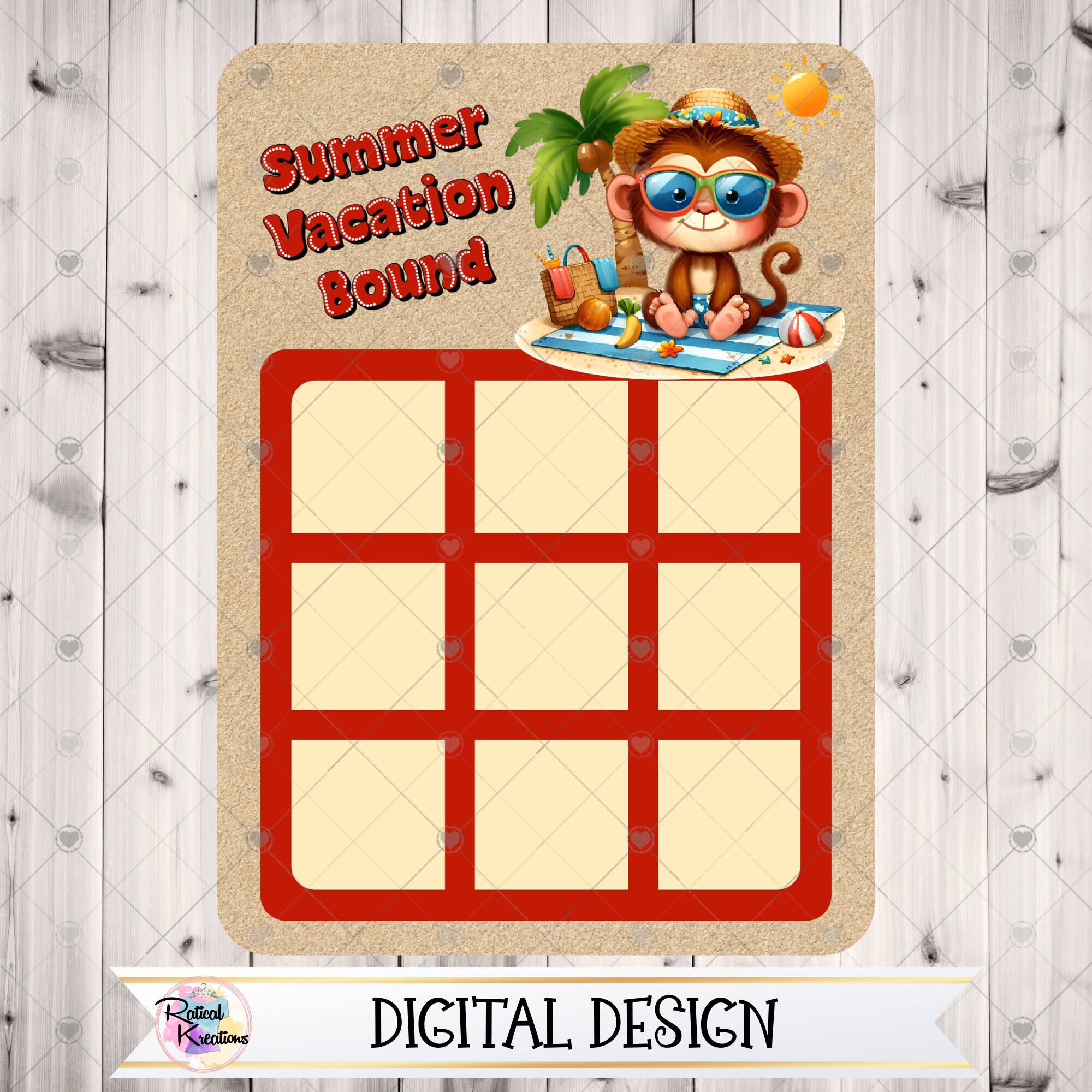 Monkey Summer Vacation Bound-tic Tac Toe - Sublimation Design Download ...