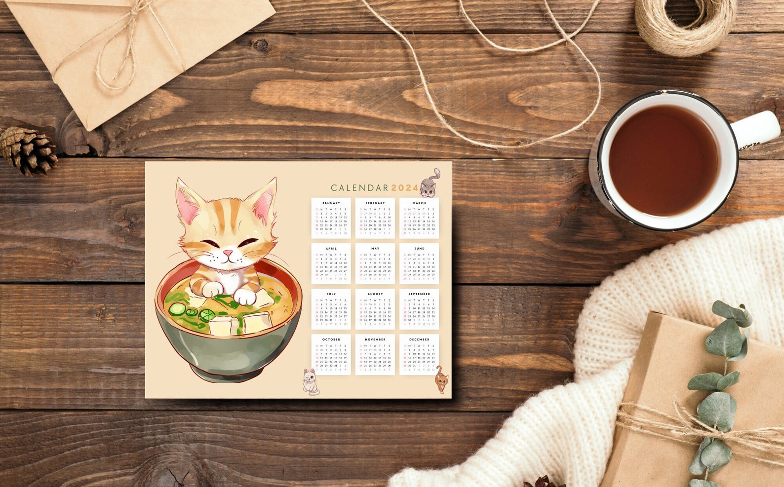 Digital Calendar 2024 With Miso Soup Cat/ Printable Calendar With Anime ...